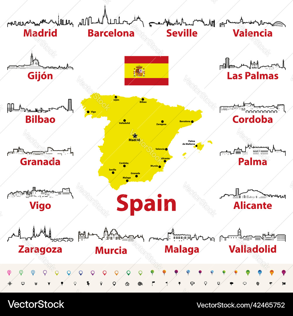Map of spain with largest cities skylines Vector Image