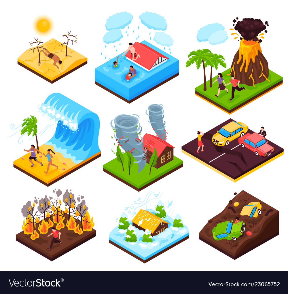 Natural disaster isometric set Royalty Free Vector Image Natural disaster isometric set Royalty Free Vector Image