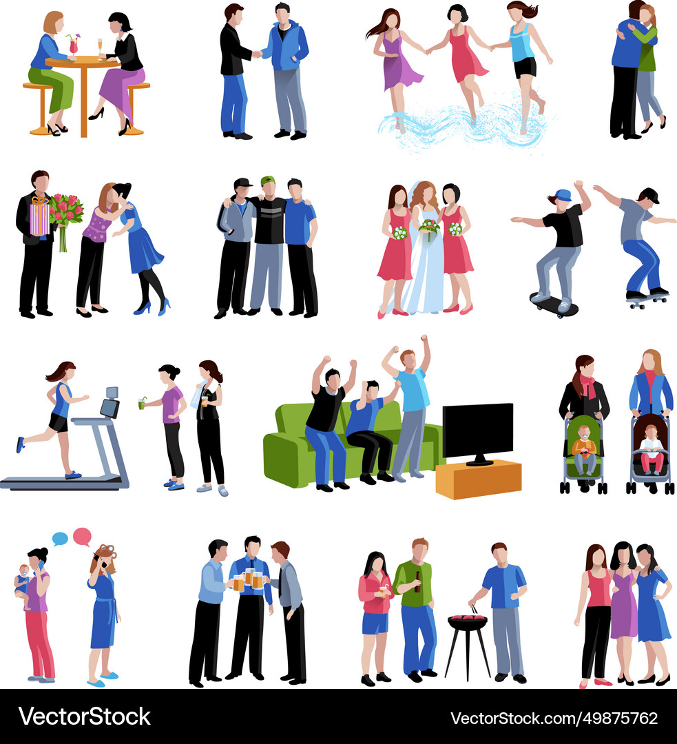 Friends buddies activities flat icons set Vector Image