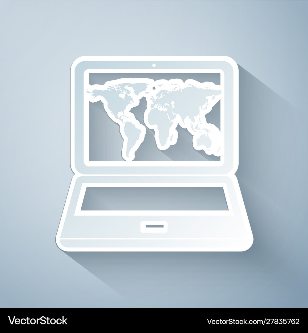 Paper cut laptop with world map on screen icon Vector Image