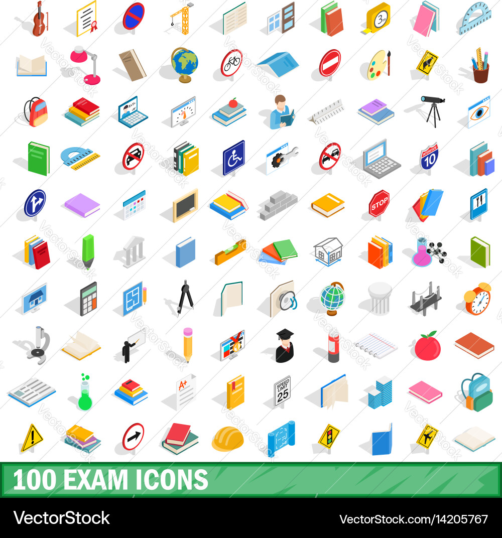 100 exam icons set isometric 3d style Royalty Free Vector
