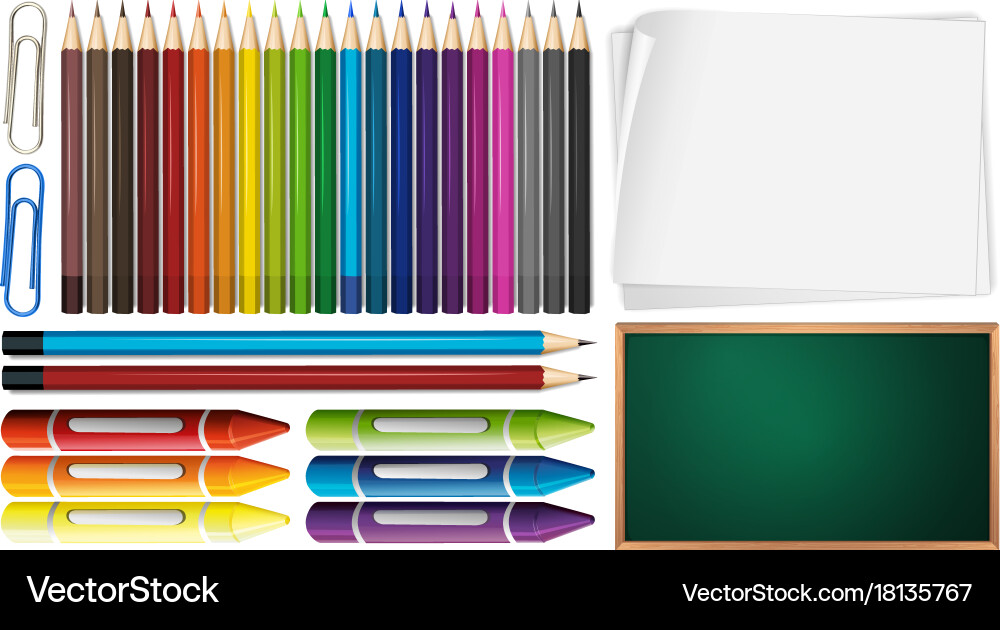 Color pencils and crayons set with papers Vector Image