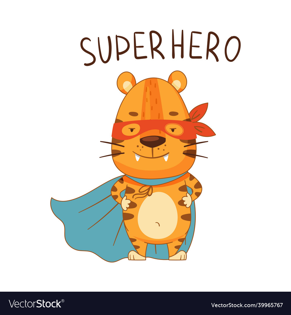 Cute little tiger superhero in blue cape and mask Vector Image