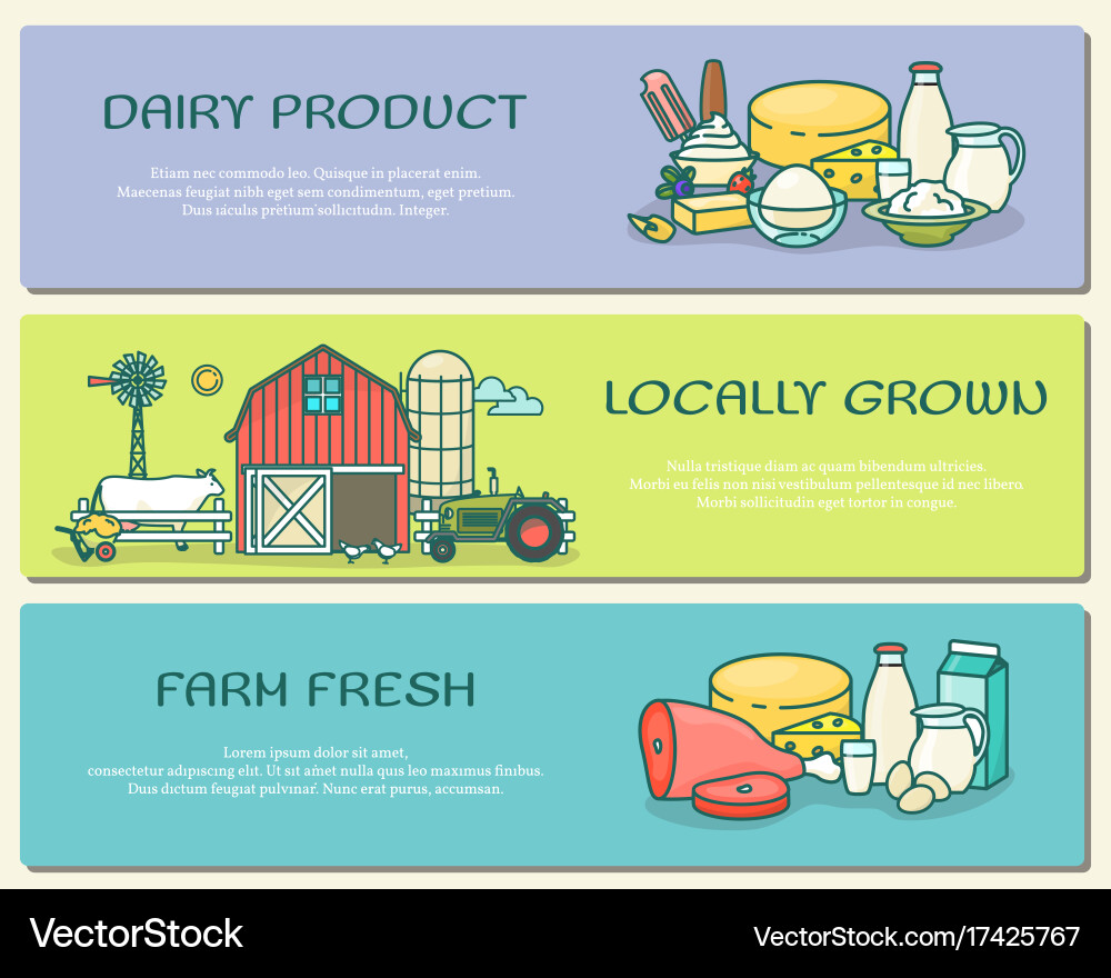 Set of farm horizontal banners in flat Royalty Free Vector