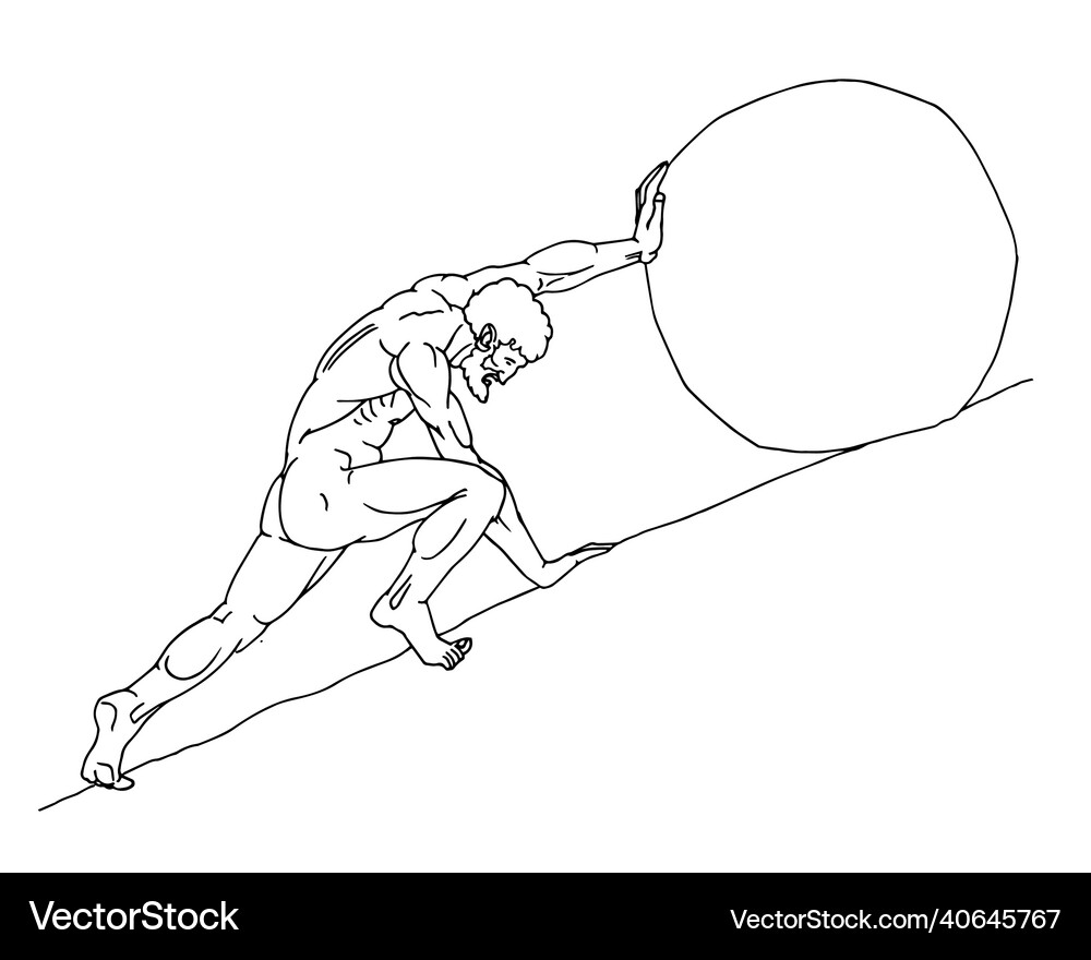 Sisyphus rolls a heavy stone up the mountain Vector Image