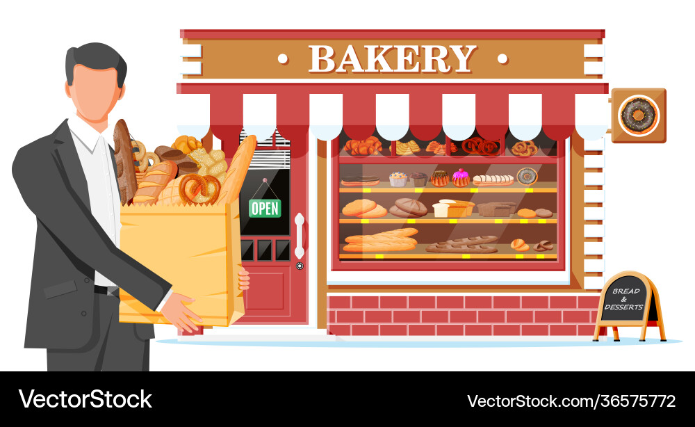 Bakery shop building facade with man customer Vector Image