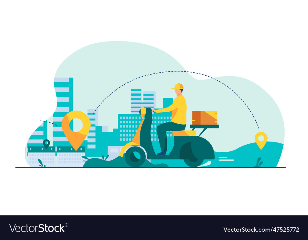 Courier shipping package at moped flat Royalty Free Vector