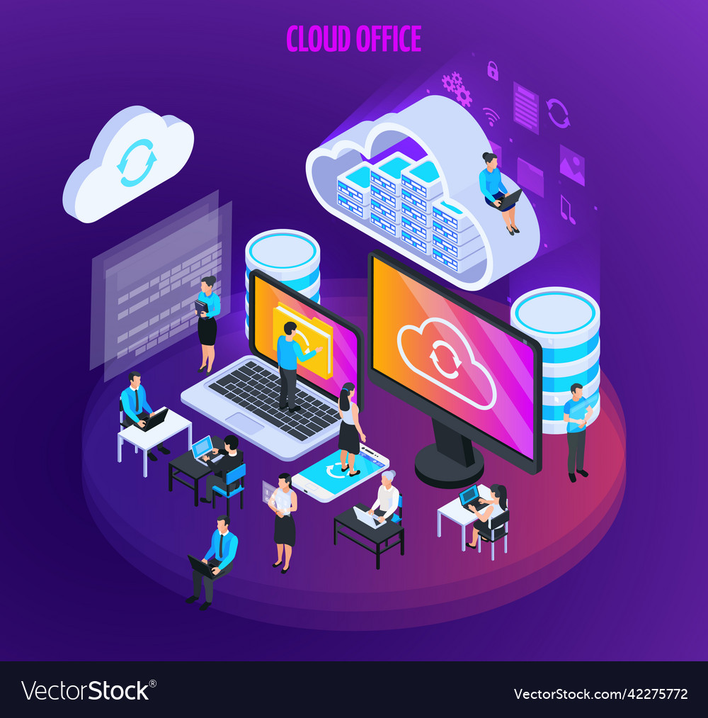 Isometric cloud office composition Royalty Free Vector Image
