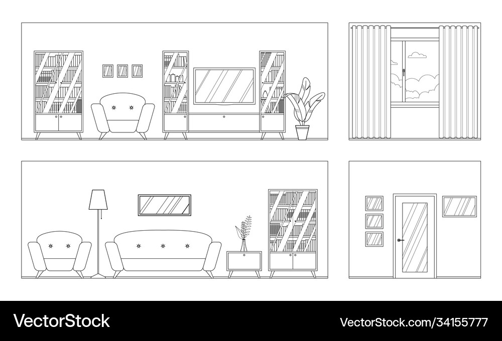 Outline panorama living room interior Royalty Free Vector