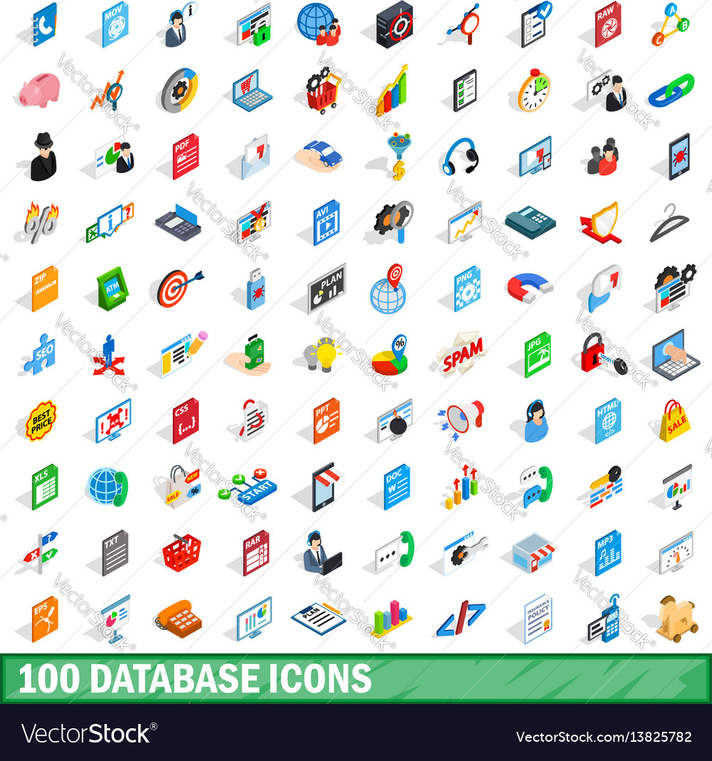 100 database icons set isometric 3d style Vector Image
