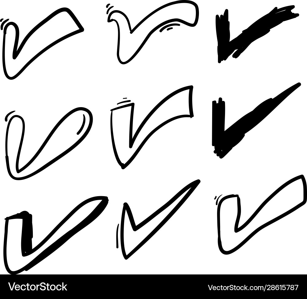 Hand drawn check mark icon set in cartoon doodle Vector Image