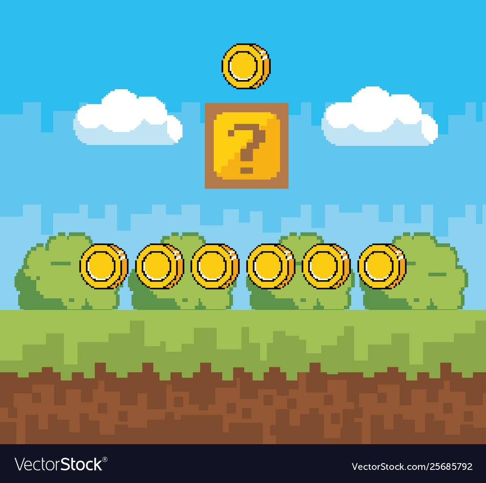 Arcade game world and pixel scene design Vector Image