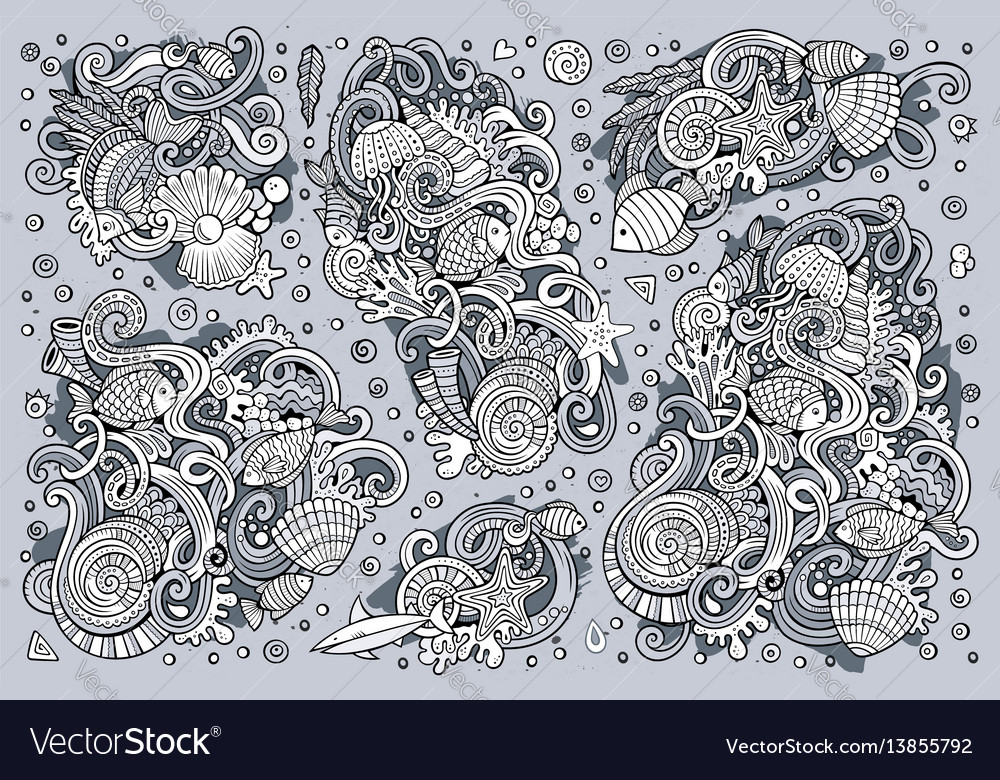 Line art set marine life objects Royalty Free Vector Image