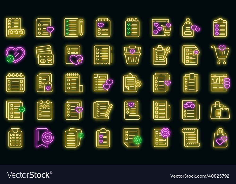 Wishlist icons set neon Royalty Free Vector Image
