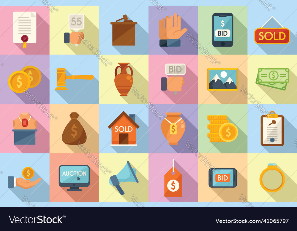 Auction icons set flat online charity Royalty Free Vector Auction icons set flat online charity Royalty Free Vector