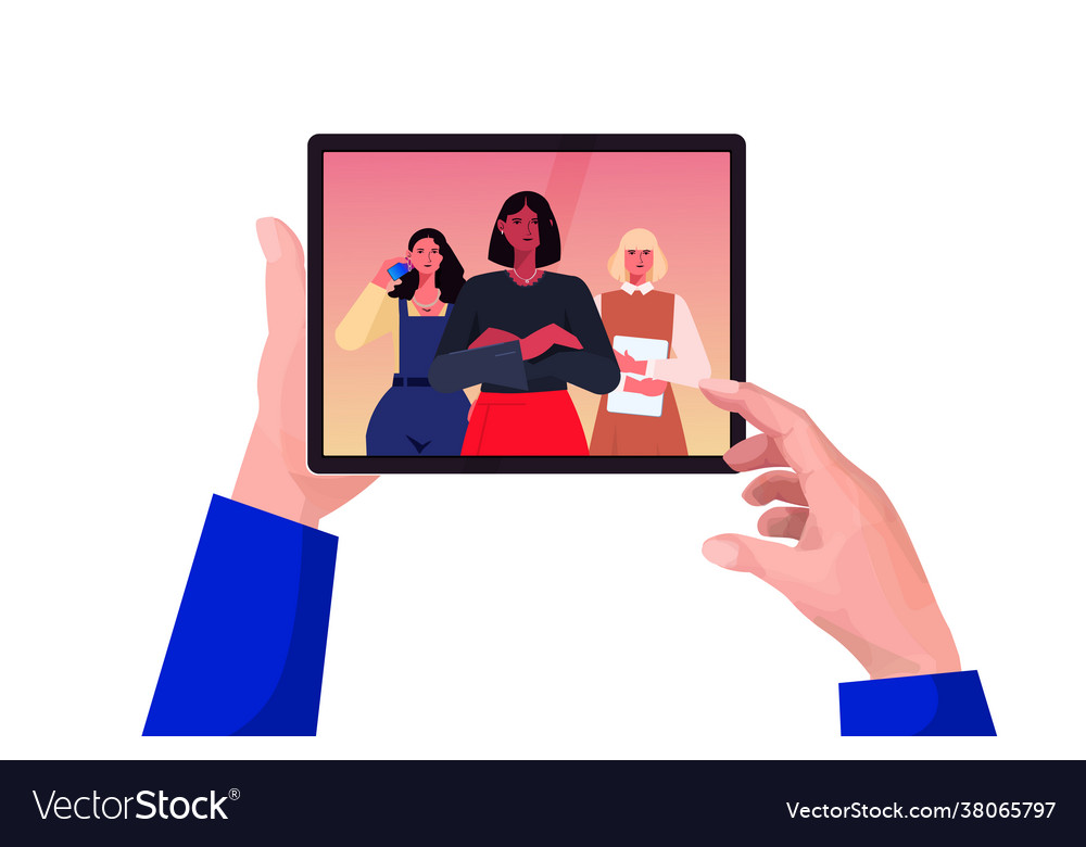 Businessperson hands using tablet pc discussing Vector Image