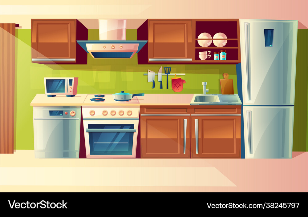 Cartoon set kitchen counter with appliances Vector Image