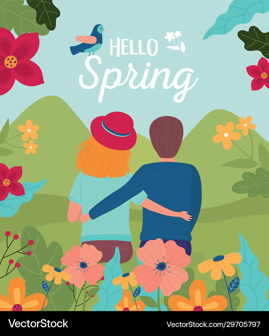 Hello spring couple character landscape flowers Vector Image