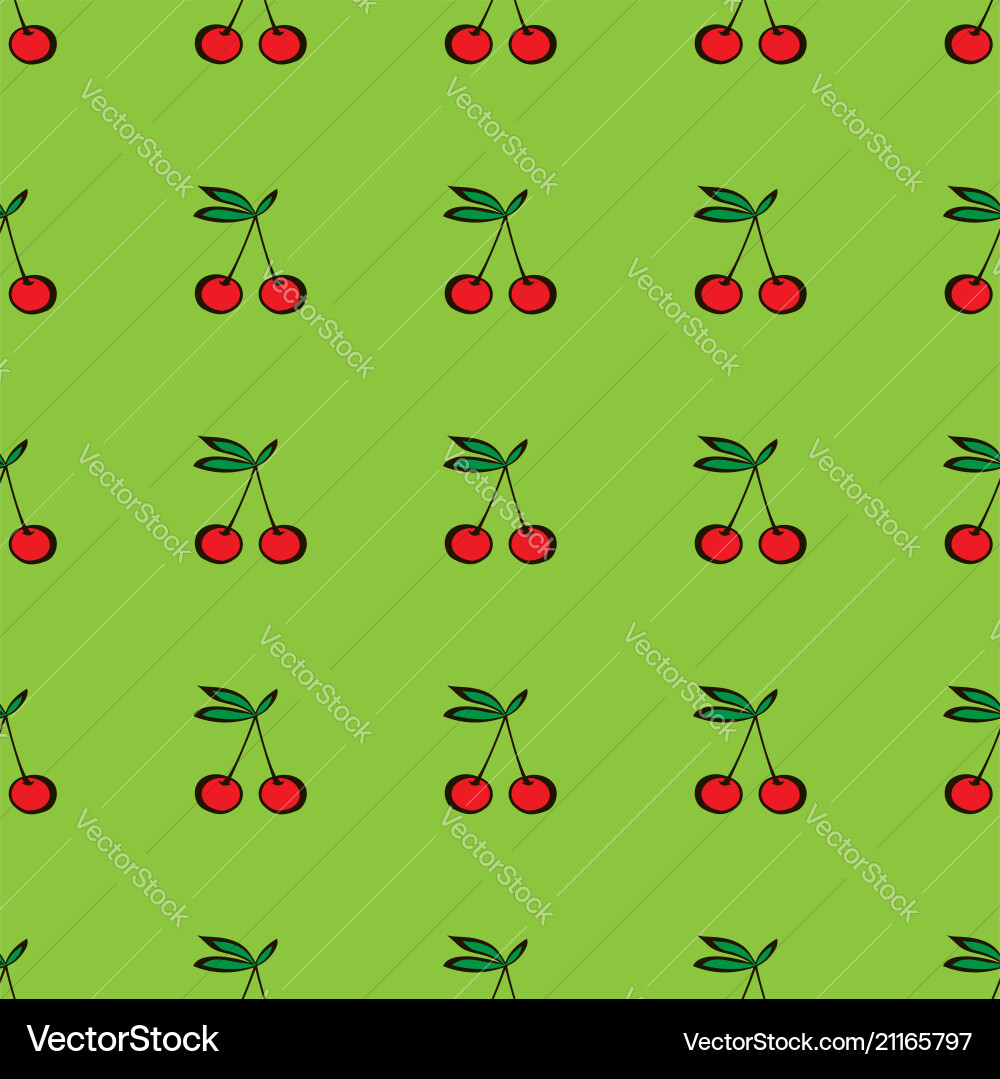 Pair of cherries seamless pattern on green Vector Image