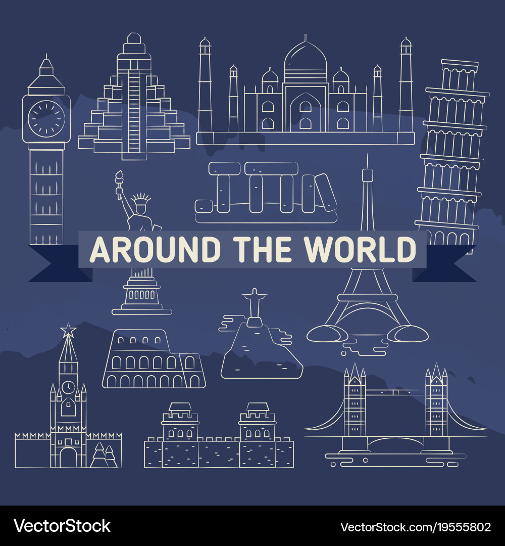 Around world linear icons - famous landmarks Vector Image