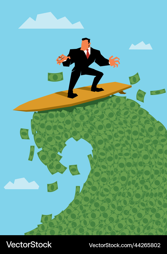 Businessman riding money wave Royalty Free Vector Image