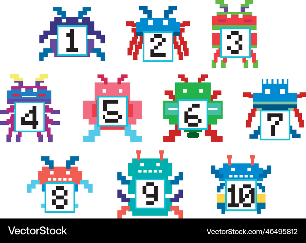 Set of pixel game monster characters Royalty Free Vector