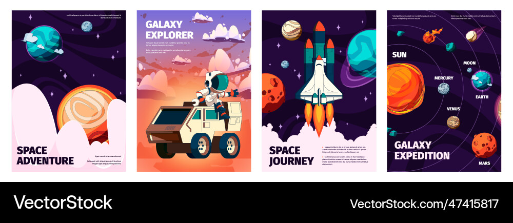 Cartoon space posters colorful space exploration Vector Image