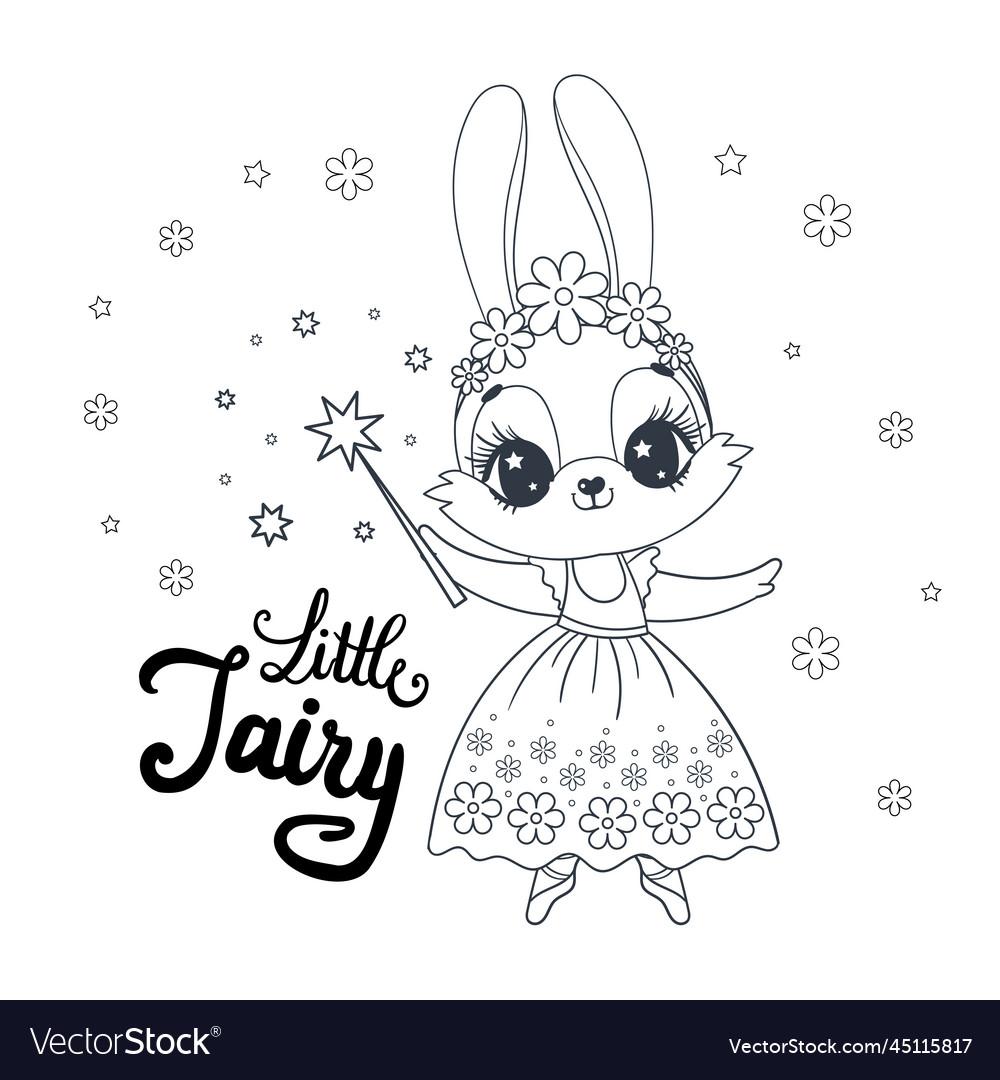 Cute rabbit fairy text little fairy black Vector Image