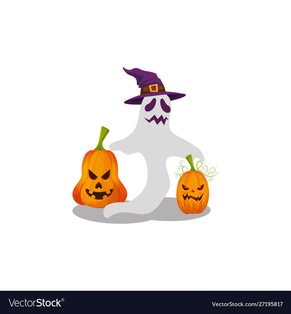 Halloween ghost with witch hat and pumpkins Vector Image