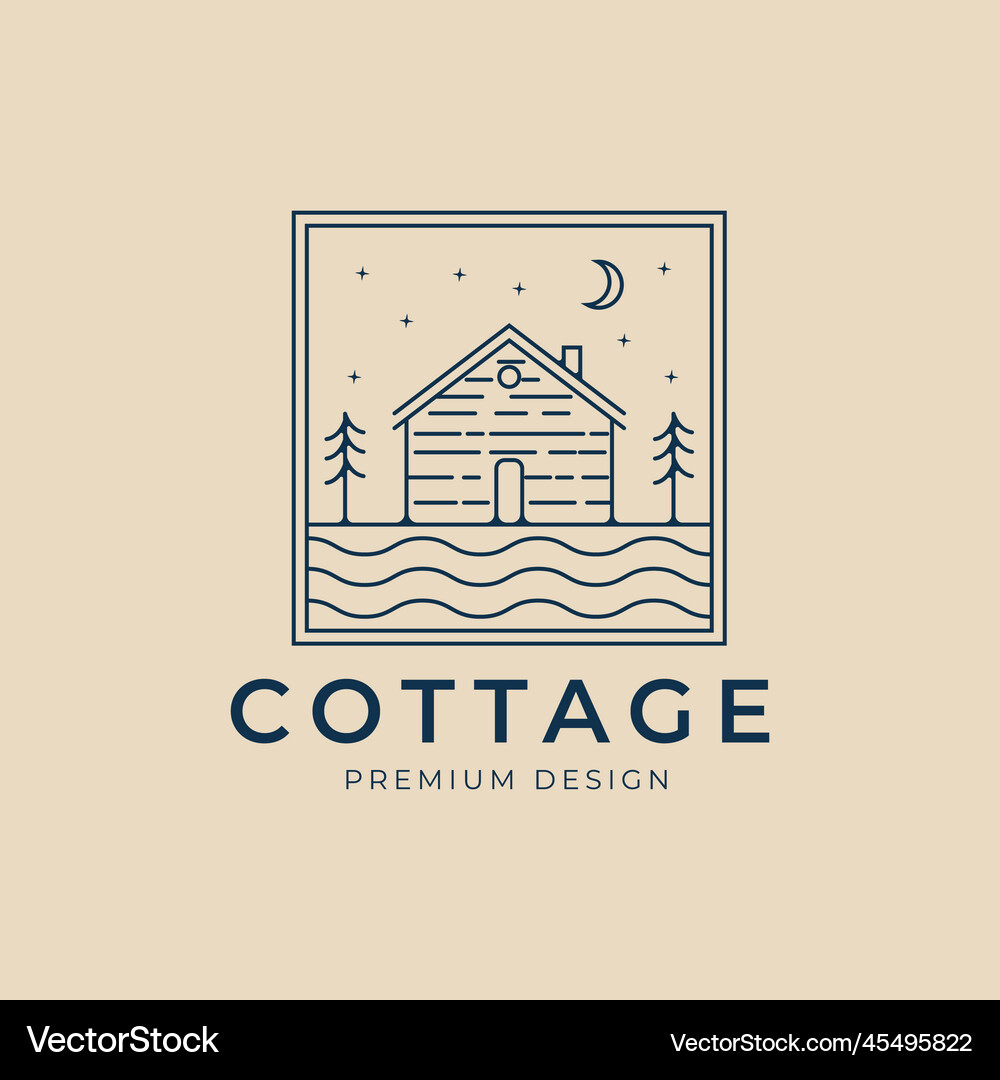 Cottage line art logo with pine tree moon Vector Image