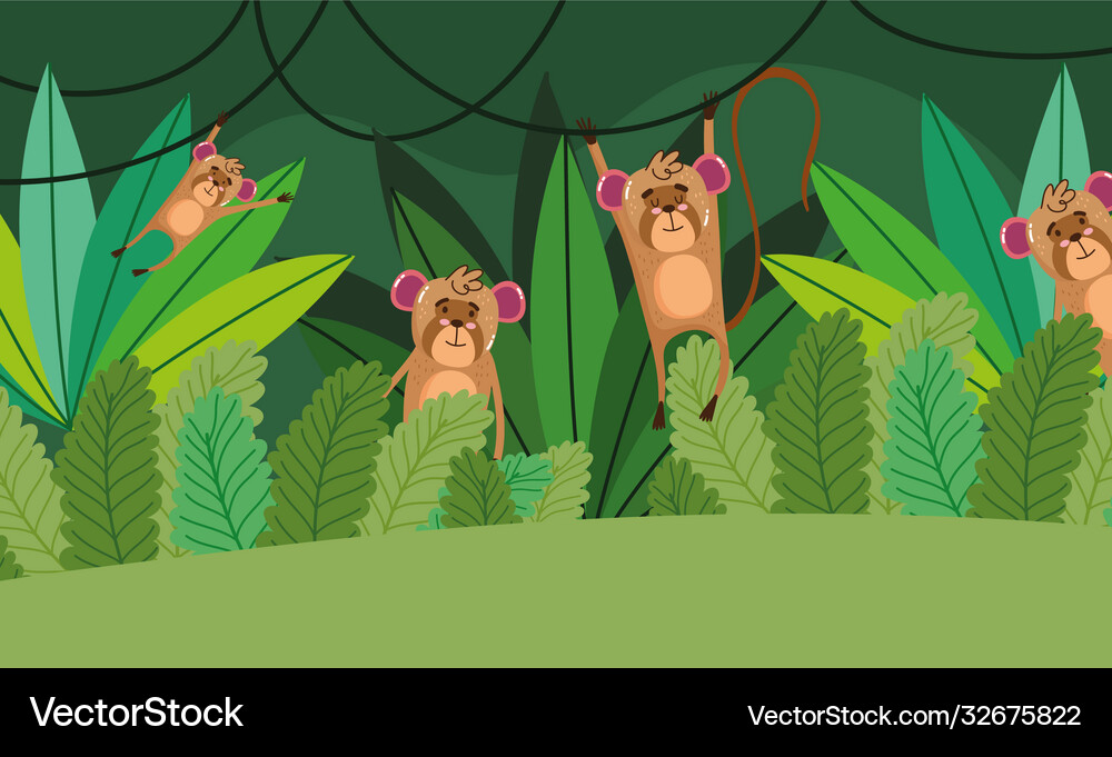 Cute monkeys trees grass forest nature wild Vector Image