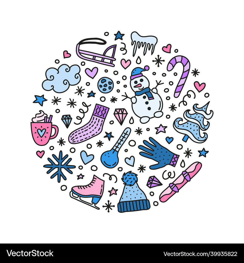 Doodle winter icons in circle Royalty Free Vector Image