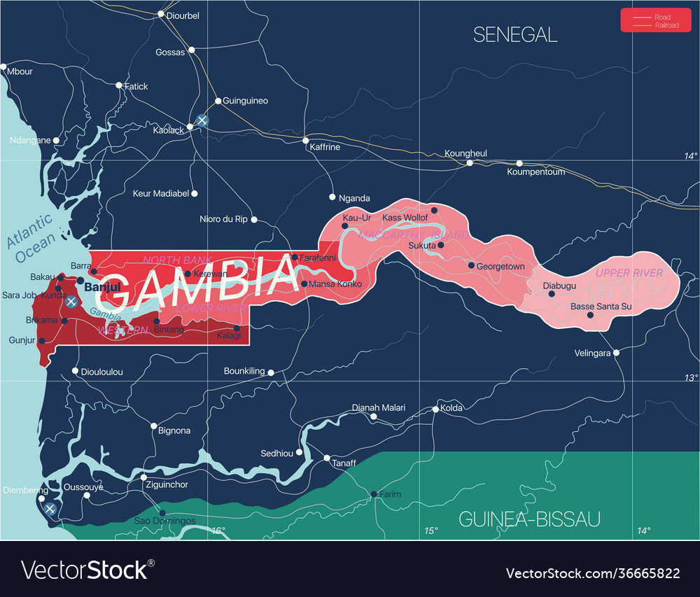 Gambia country detailed editable map Royalty Free Vector