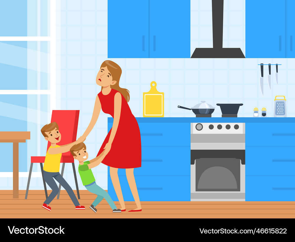 Stressed Mom in Kitchen with Kids Royalty Free Vector Image