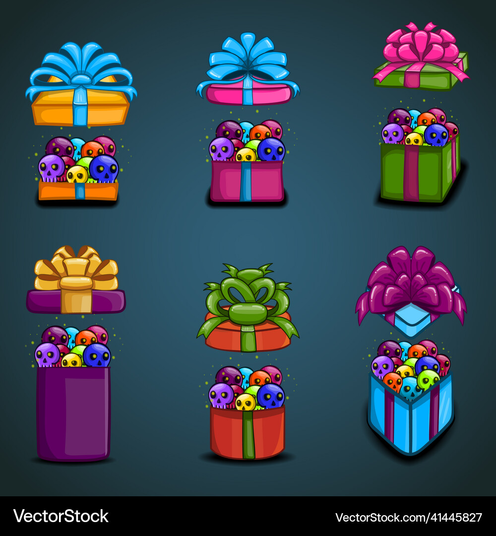 Big set open gift box with cartoon skull Vector Image