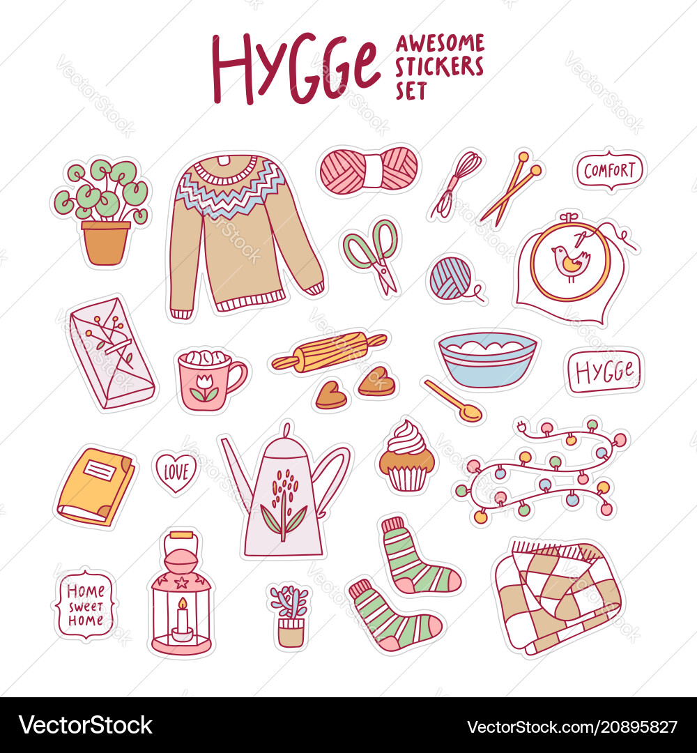 Hygge awesome stickers set Royalty Free Vector Image