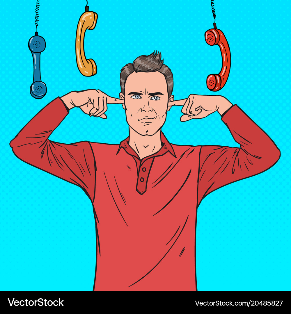 Pop art overworked frustrated man closed ears Vector Image