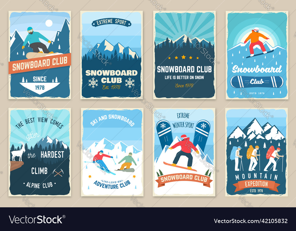 Set of mountain expedition and snowboard club Vector Image