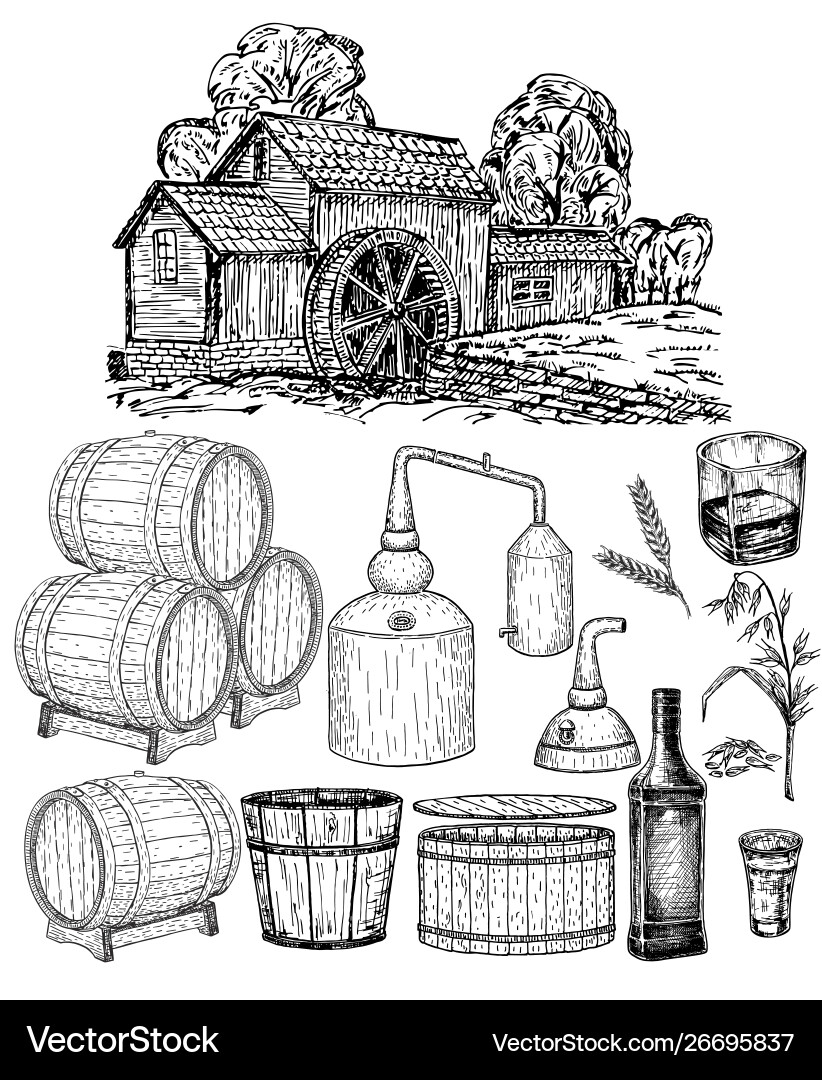 Distillery hand drawn whisky production Royalty Free Vector