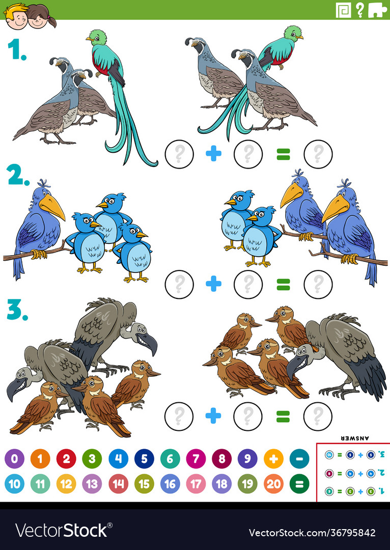 Math addition educational task with birds Vector Image