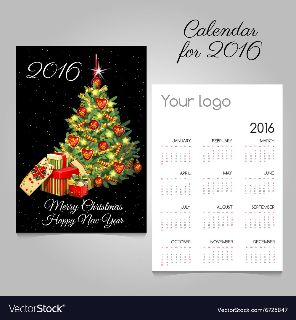 Calendar 2016 with christmas tree and gifts Vector Image