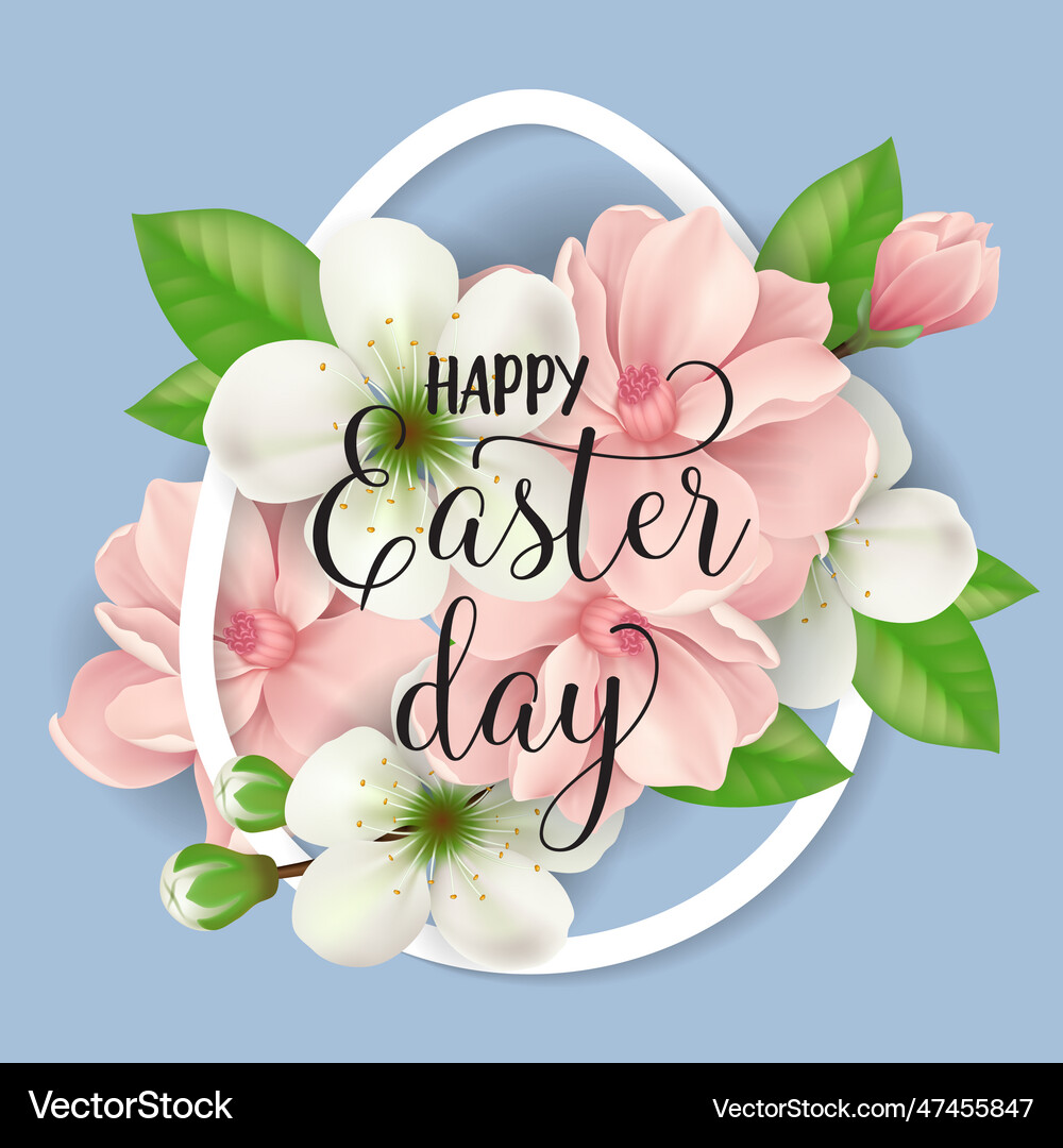 Happy easter day lettering with flowers Royalty Free Vector