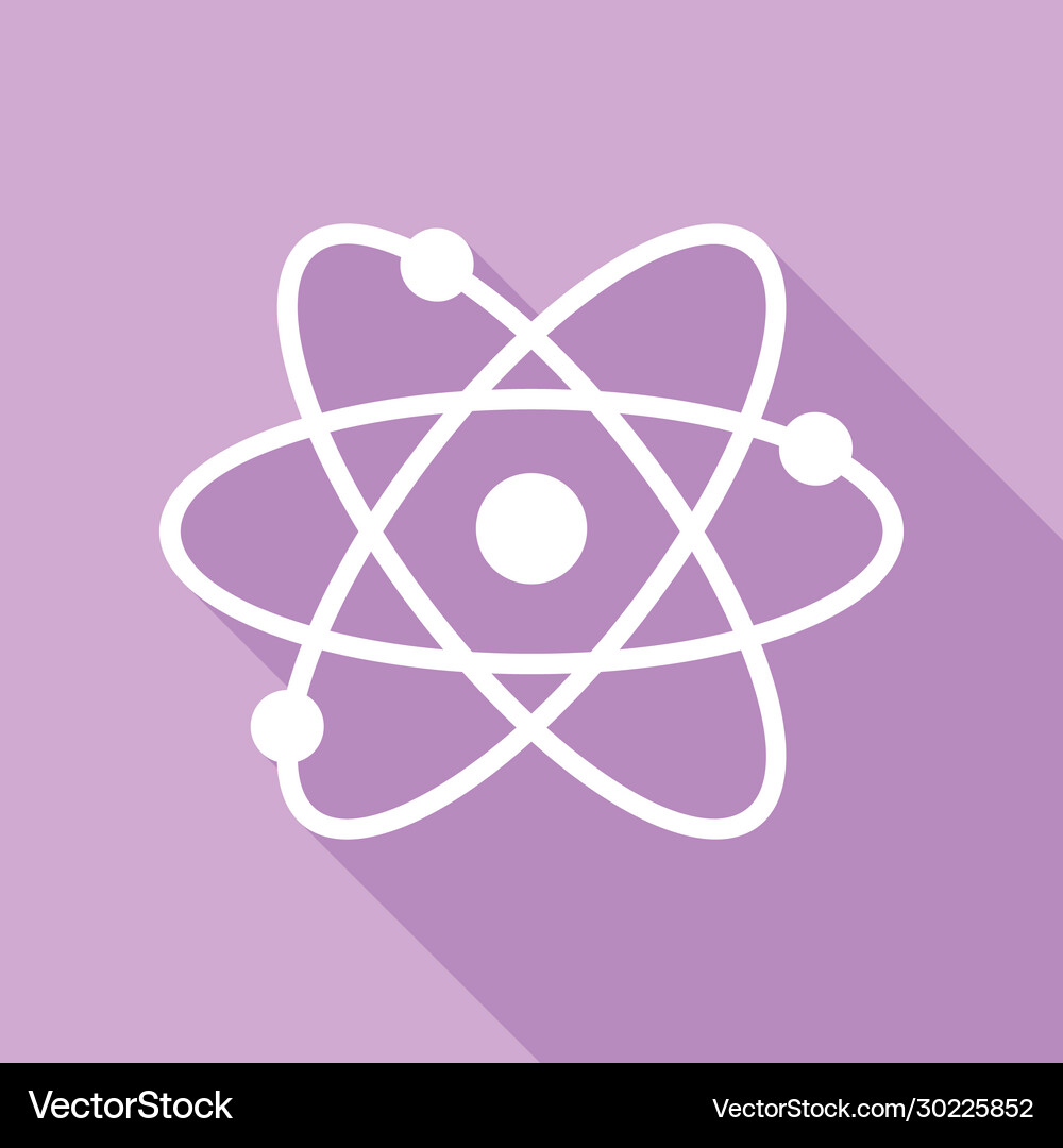 Atom sign white icon with long shadow at purple Vector Image