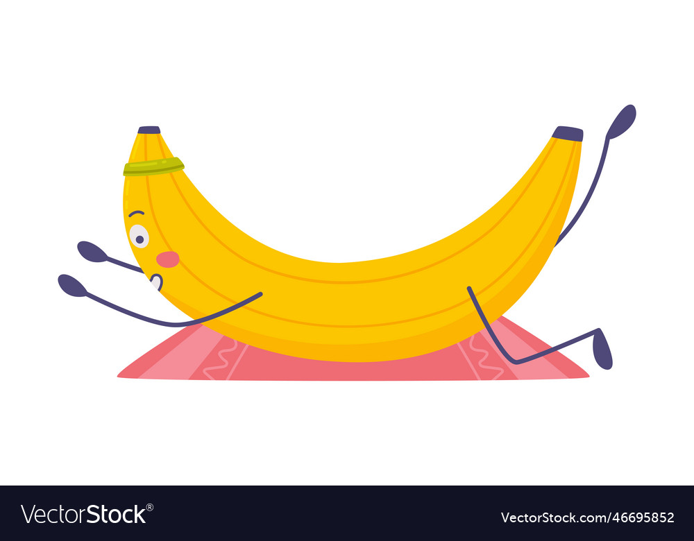 Funny yellow banana character doing yoga on mat Vector Image