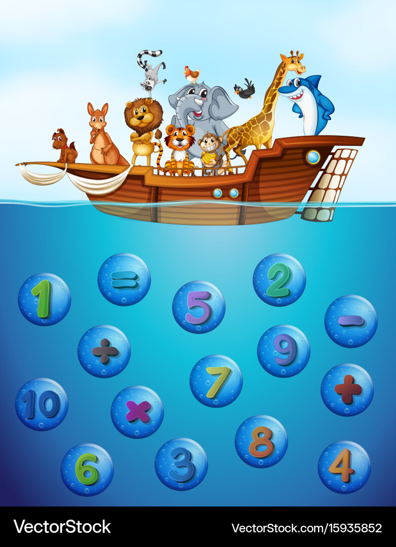 Numbers underwater and animals on the ship Vector Image