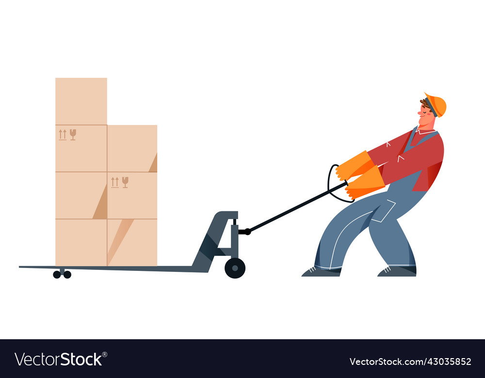 Warehouse worker pulling cart with stack of boxes Vector Image