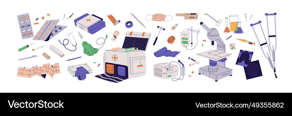 Medical tools set first aid kit- pills Royalty Free Vector