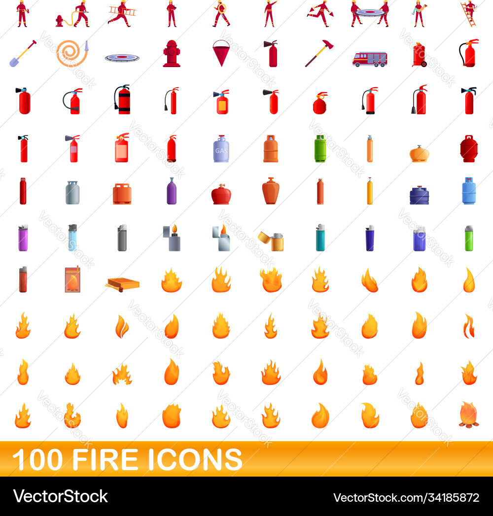 100 fire icons set cartoon style Royalty Free Vector Image