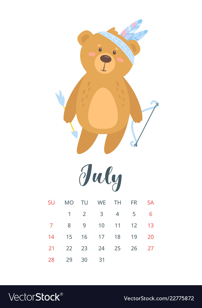 2019 cute teddy bear calendar Royalty Free Vector Image