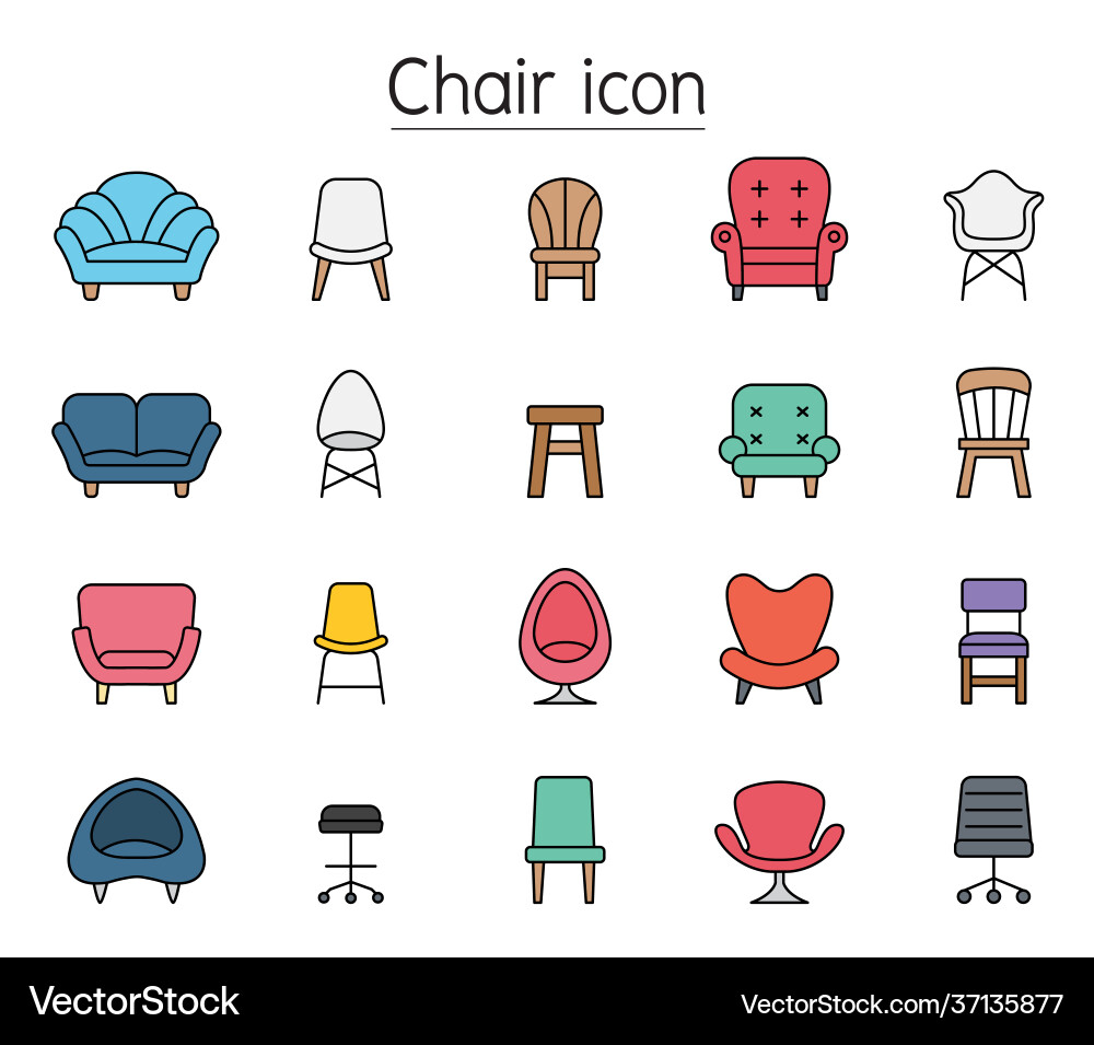Front view chair icon set filled outline style Vector Image